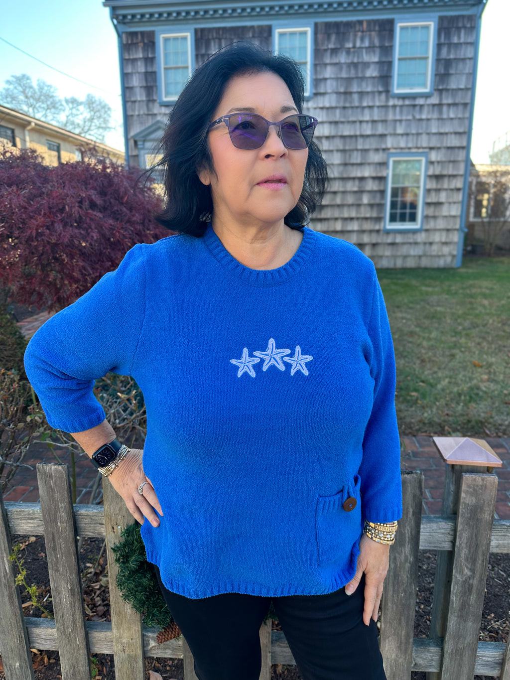 Lulu B Royal Chenille Starfish Embroidered Sweater – Blooming Boutique