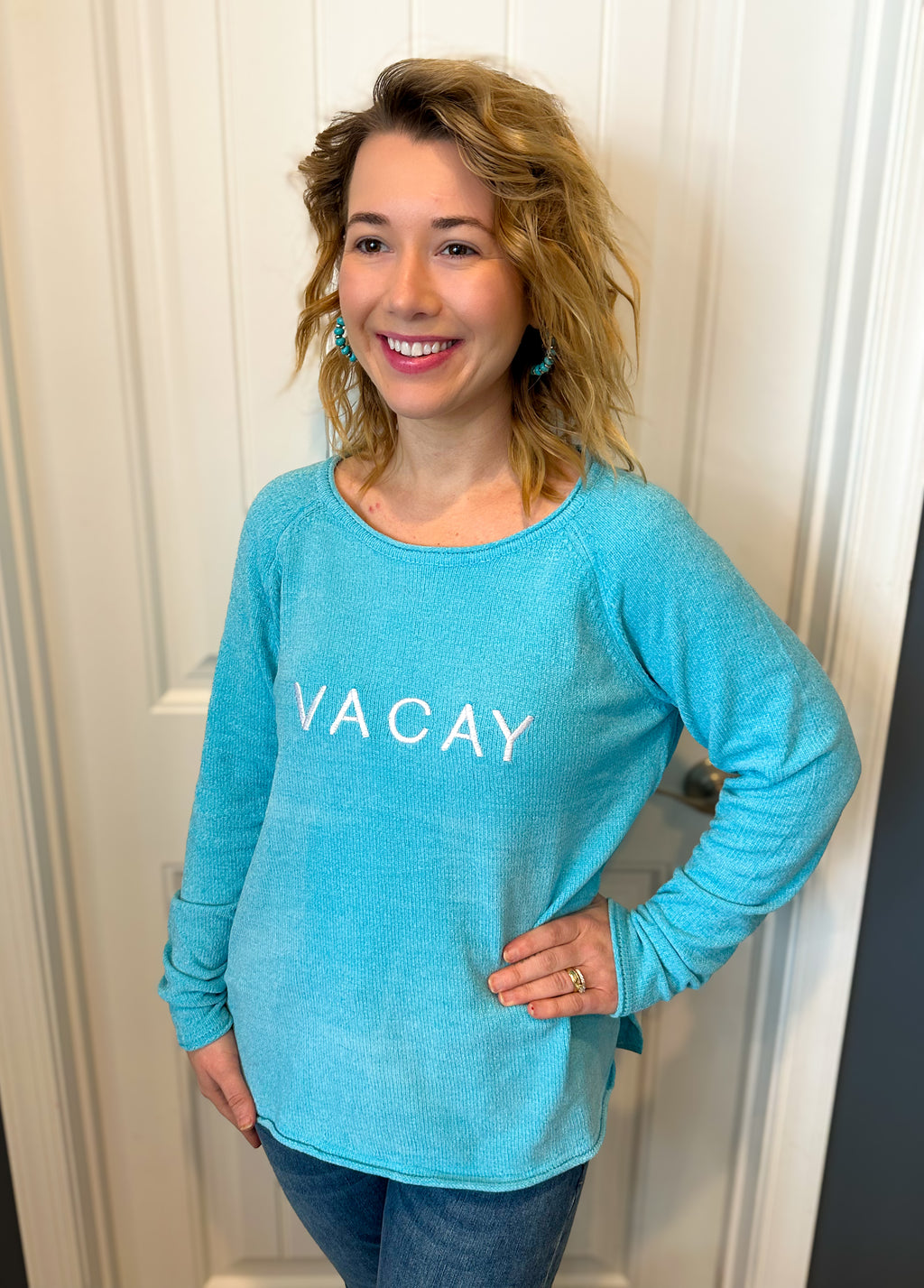 Lulu B Clear Turquoise Vacay Sweater – Blooming Boutique