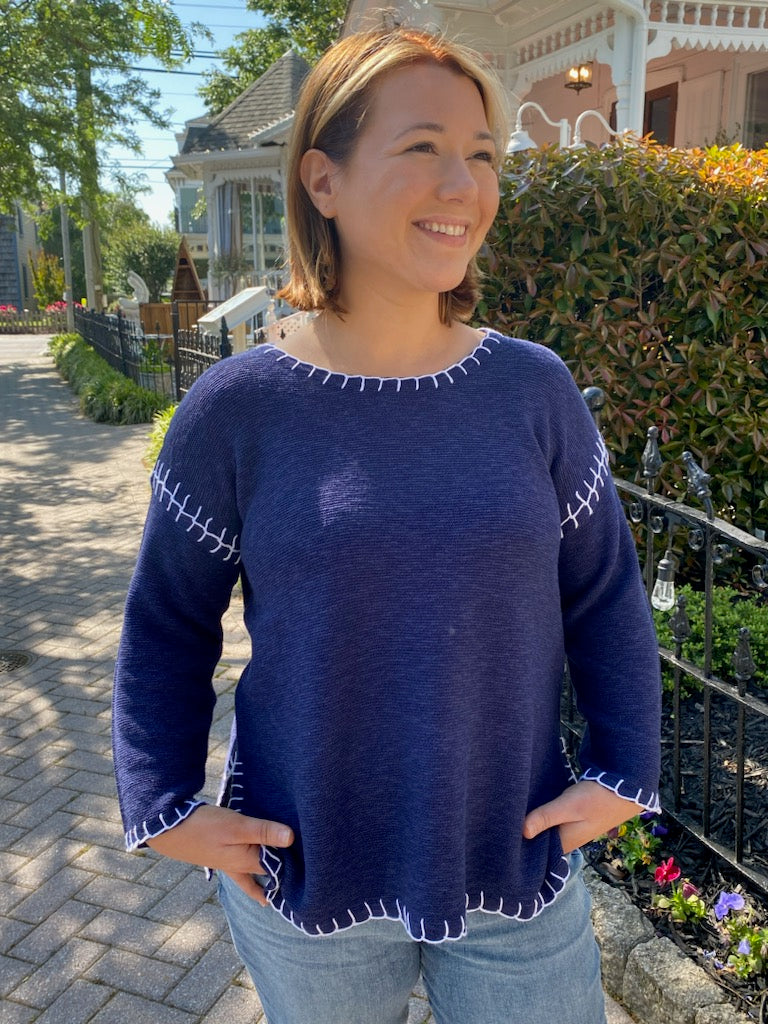 Lulu B Navy Embroidered Sweater – Blooming Boutique